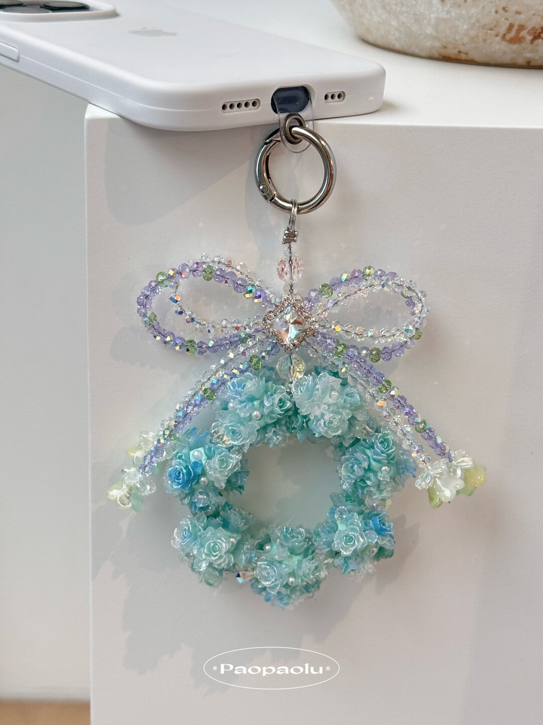 Blue Roses Bow Beaded Phone Charm | Phone Accessories | Three Fleas