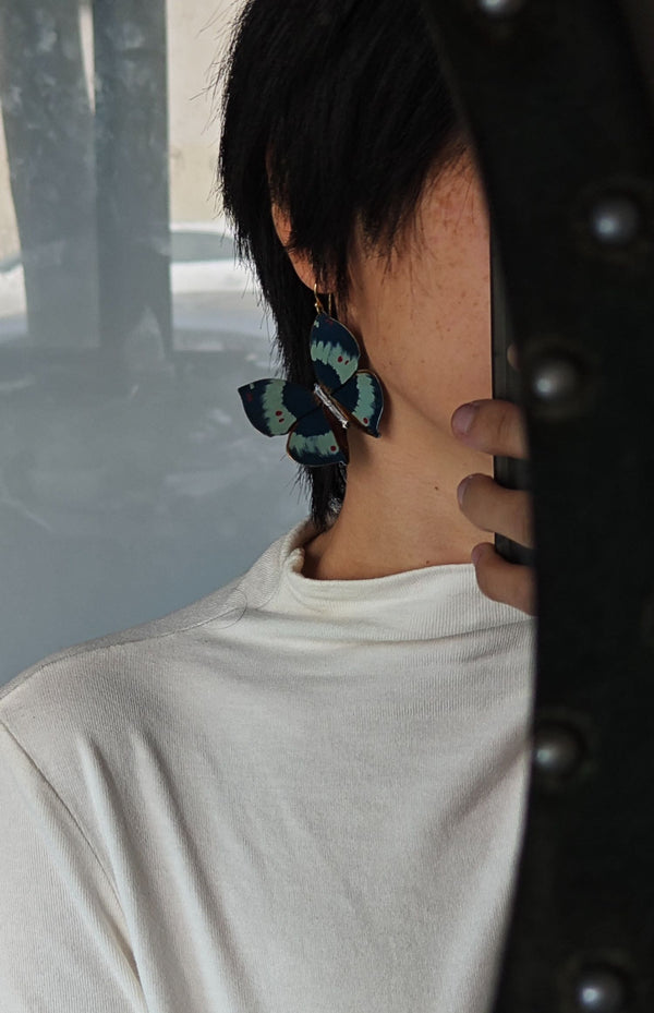 Chinese Lacquer Blue Butterfly Earrings | Jewelry | Three Fleas