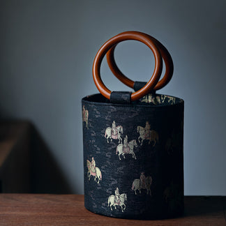 [Chinoiserie] Horse Picture Wooden Handle Bucket Bag | Bag | Three Fleas