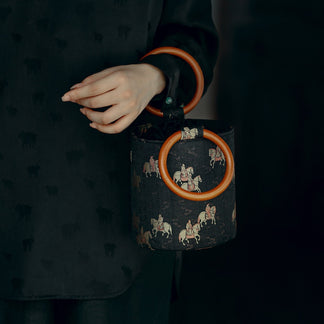 [Chinoiserie] Horse Picture Wooden Handle Bucket Bag | Bag | Three Fleas
