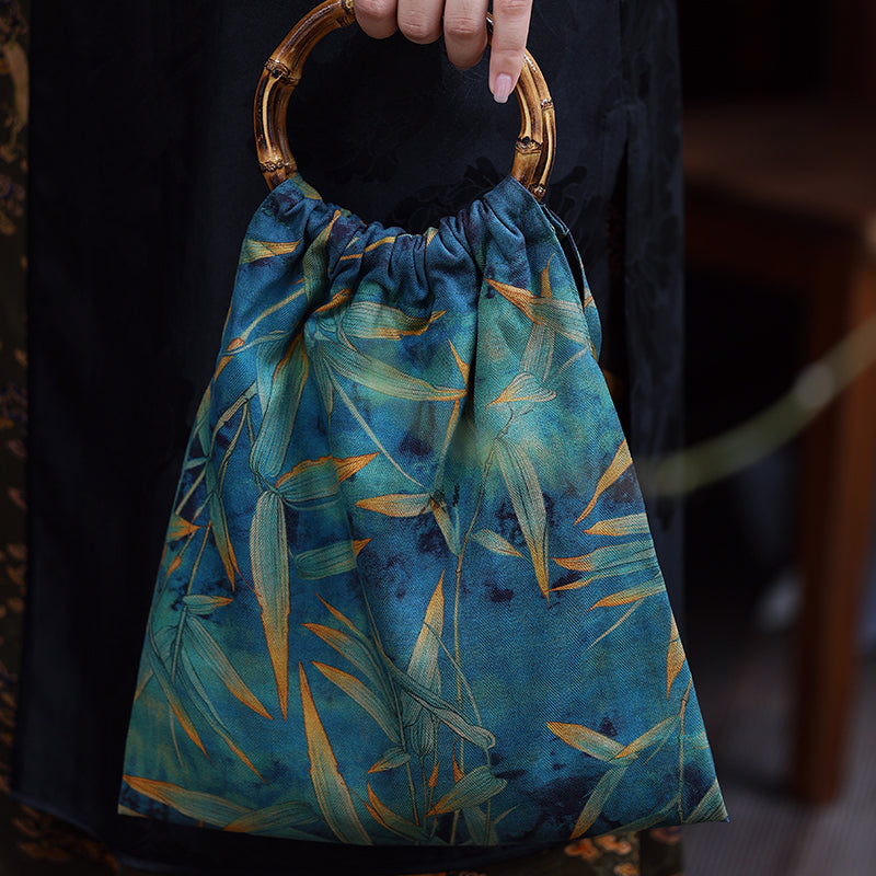 [Chinoiserie] Leaves Printed Silk Bamboo Handle Handbag | Bag | Three Fleas