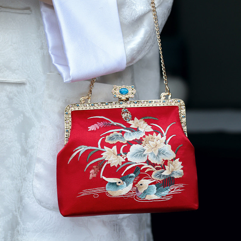 [Chinoiserie] Mandarin Duck Embroidery Frame Clutch Bag | Bag | Three Fleas