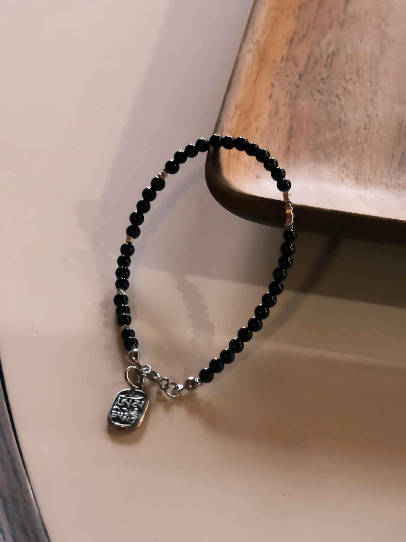 「Chinoiserie」Peace Talisman Silver Black Agate Beaded Bracelet ...