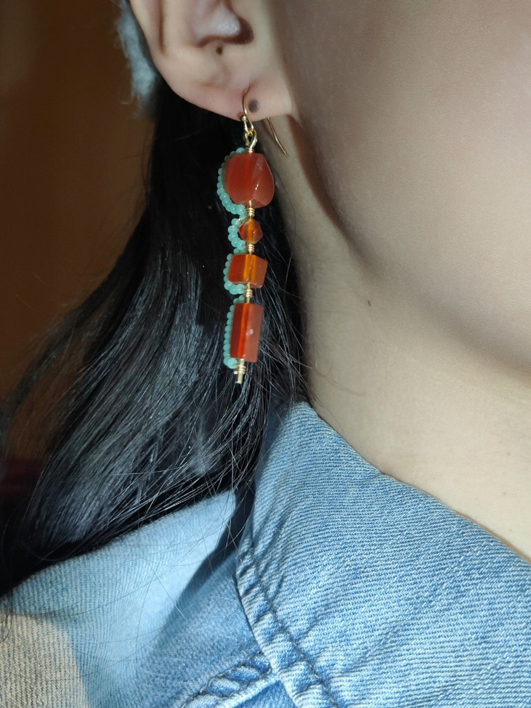 「Chinoiserie」Red Agate Beaded Drop Earrings | Jewelry | Three Fleas