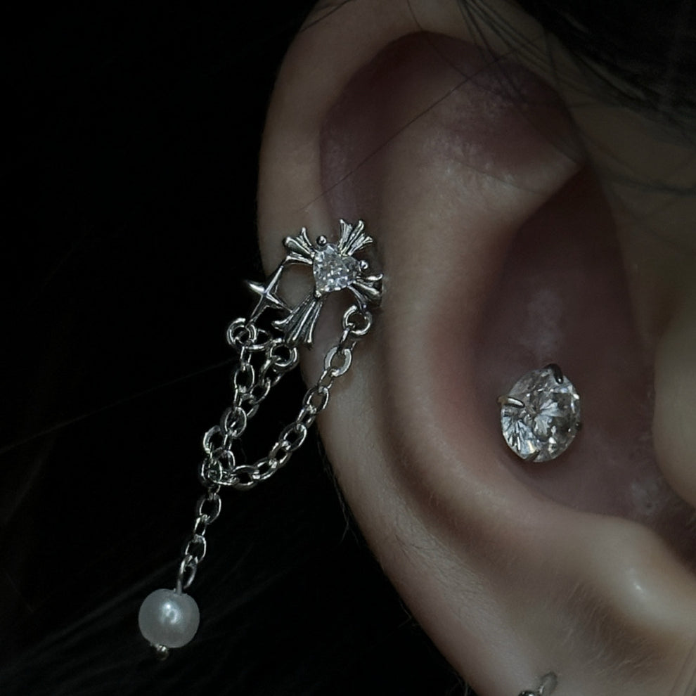 Cross Heart Chain Threaded Screw Flat Black Earring | Indie Jewelry Design | Three Fleas