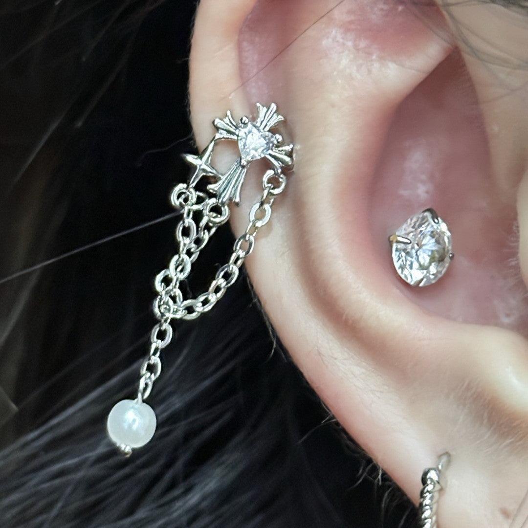 Cross Heart Chain Threaded Screw Flat Black Earring | Indie Jewelry Design | Three Fleas