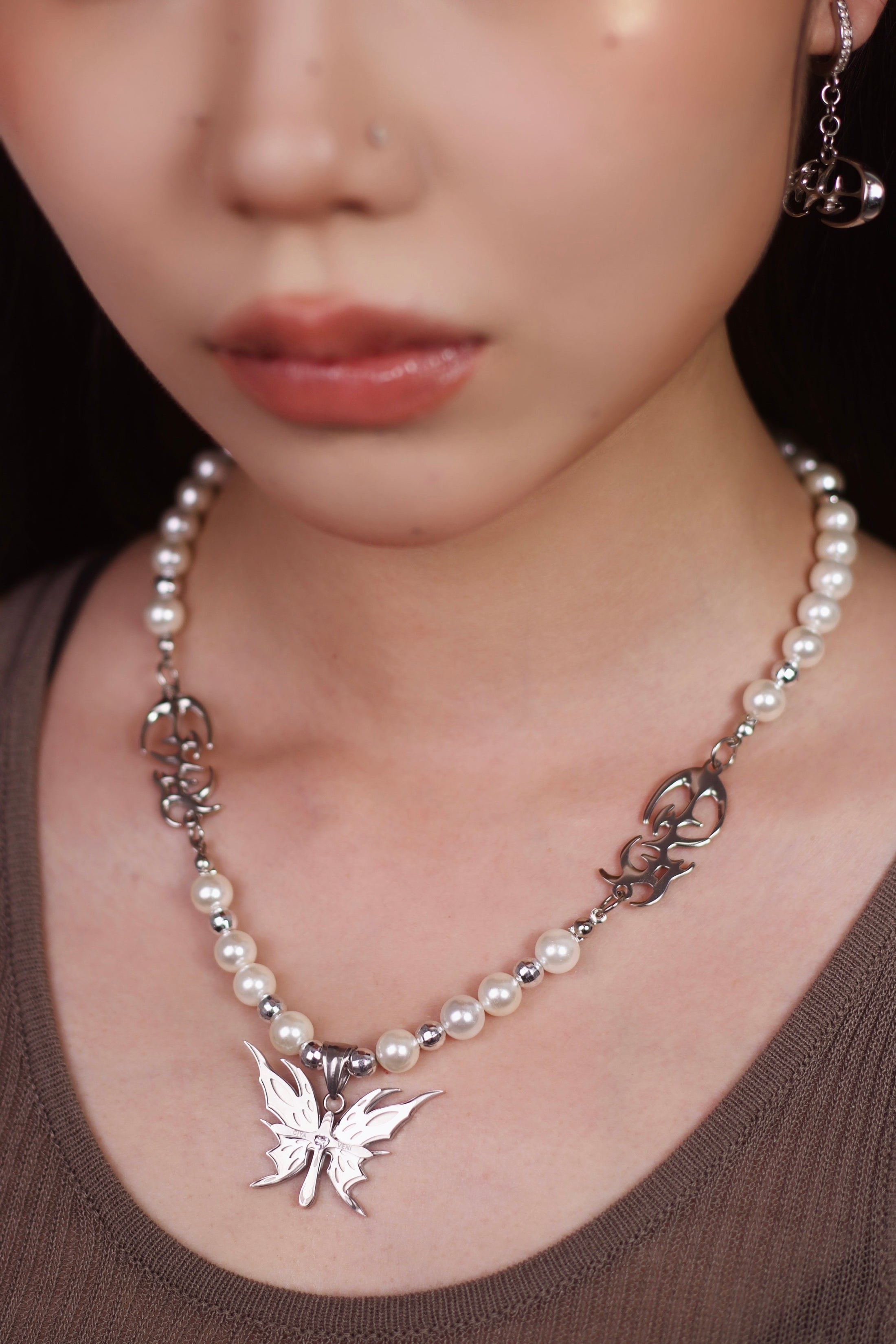 Dreamcore Butterfly Pendant Pearl Necklace | Jewelry | Three Fleas