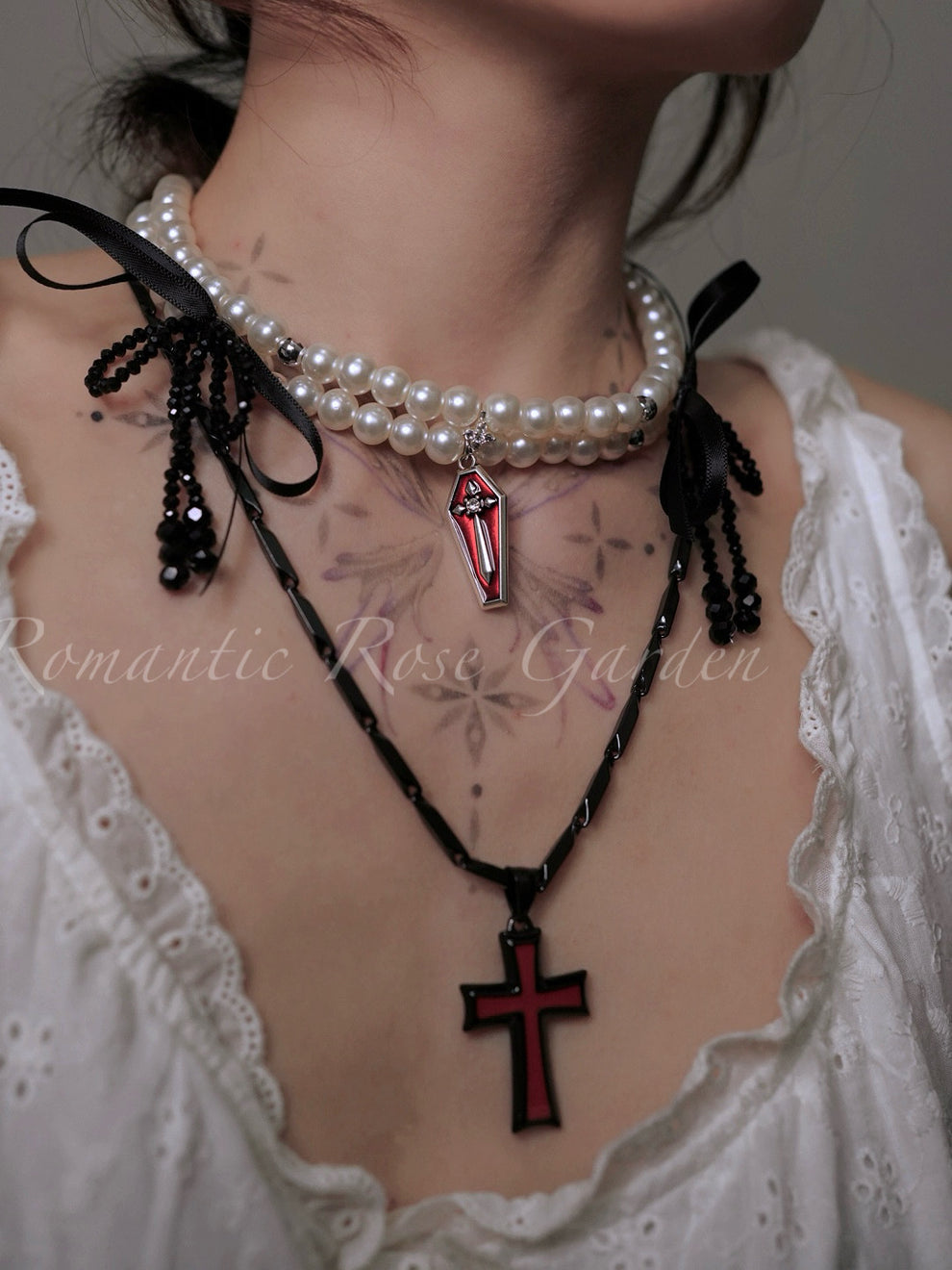 Gothic Ballet Black Bow Three Strand Pearl Choker | Jewelry | Three Fleas