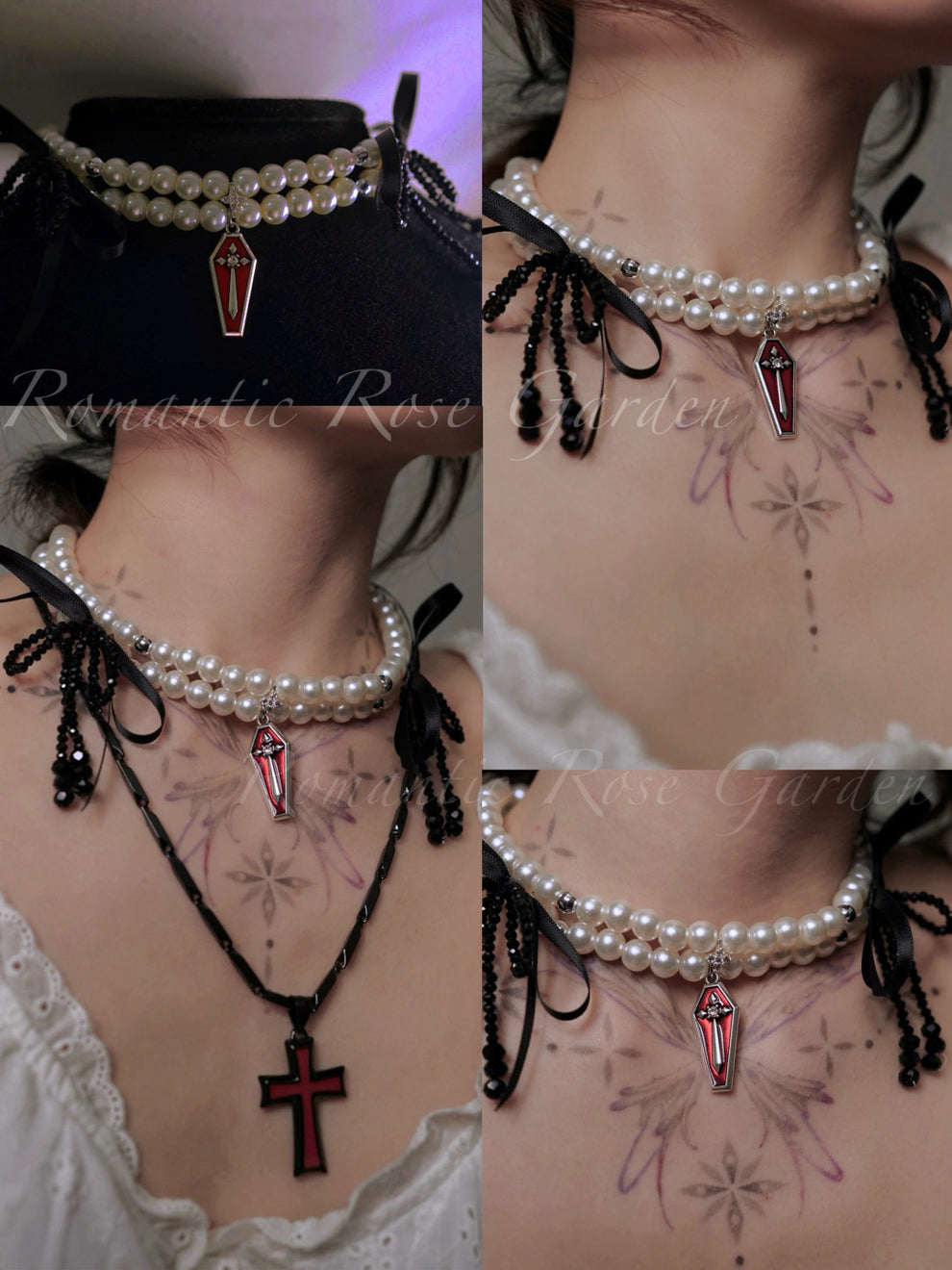 Gothic Ballet Black Bow Three Strand Pearl Choker | Jewelry | Three Fleas