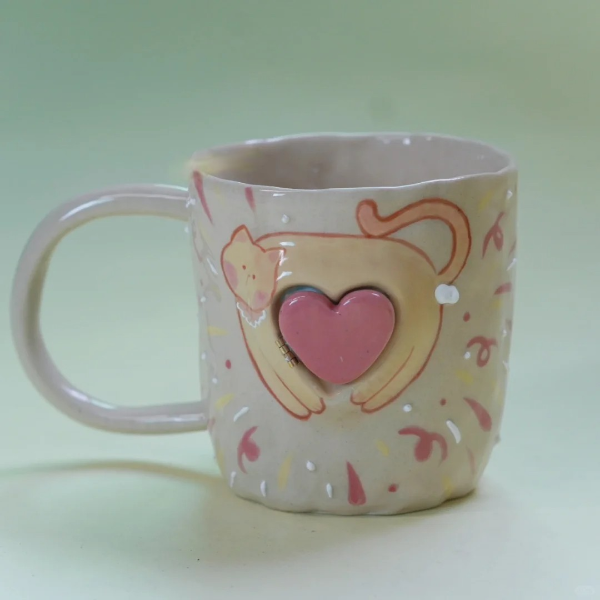 Handmade Cute Cat's Heart Ceramic Cup | Cup | Three Fleas