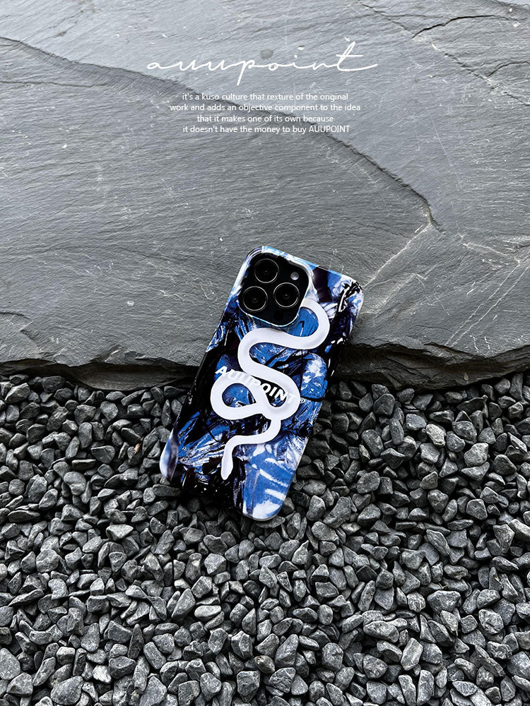 Chic White Snake Print Blue Phone Case | iPhone Accessories | Three Fleas