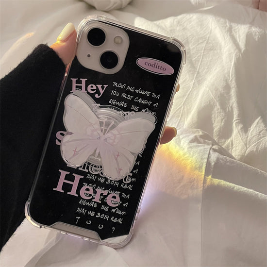 Pink slogan mirror phone case with butterfly stand | Three Fleas