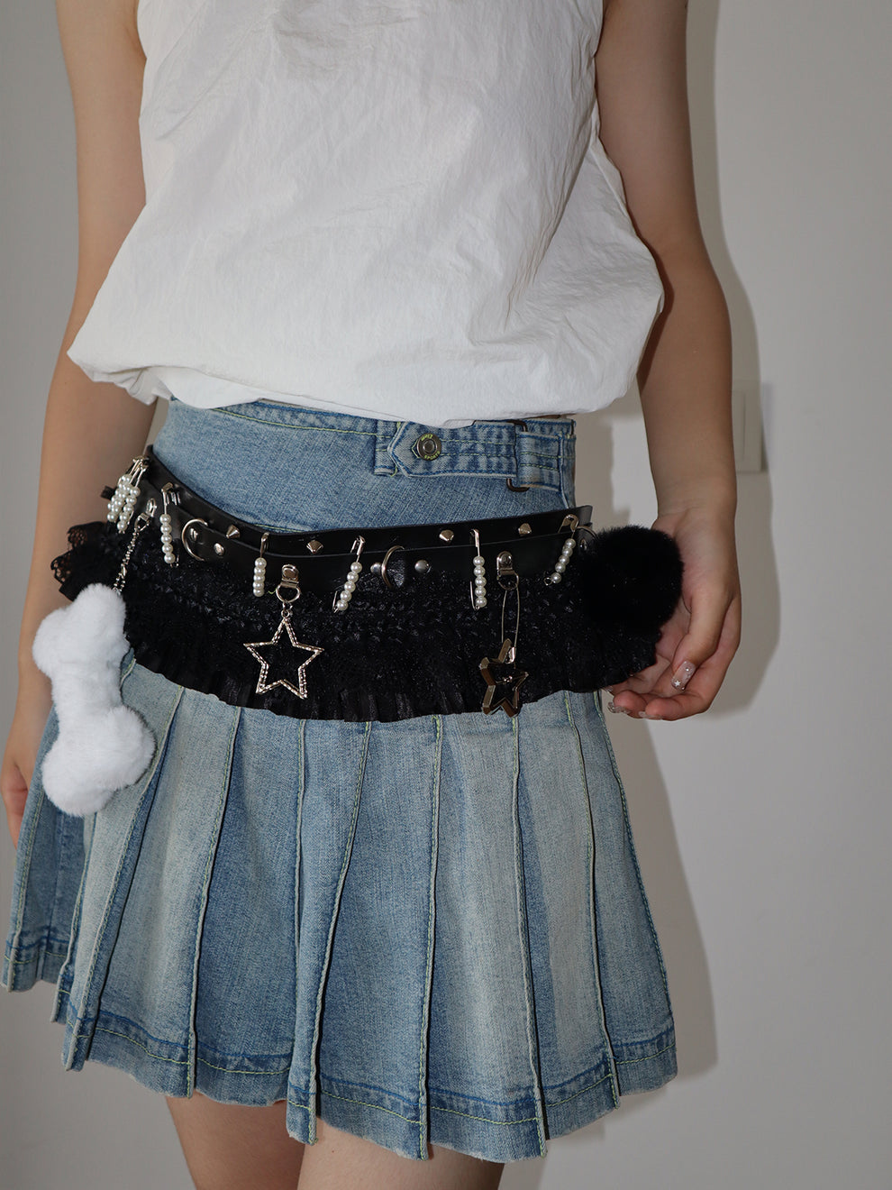 Y2k Black Star Furry Bone Belt | Belt | Three Fleas