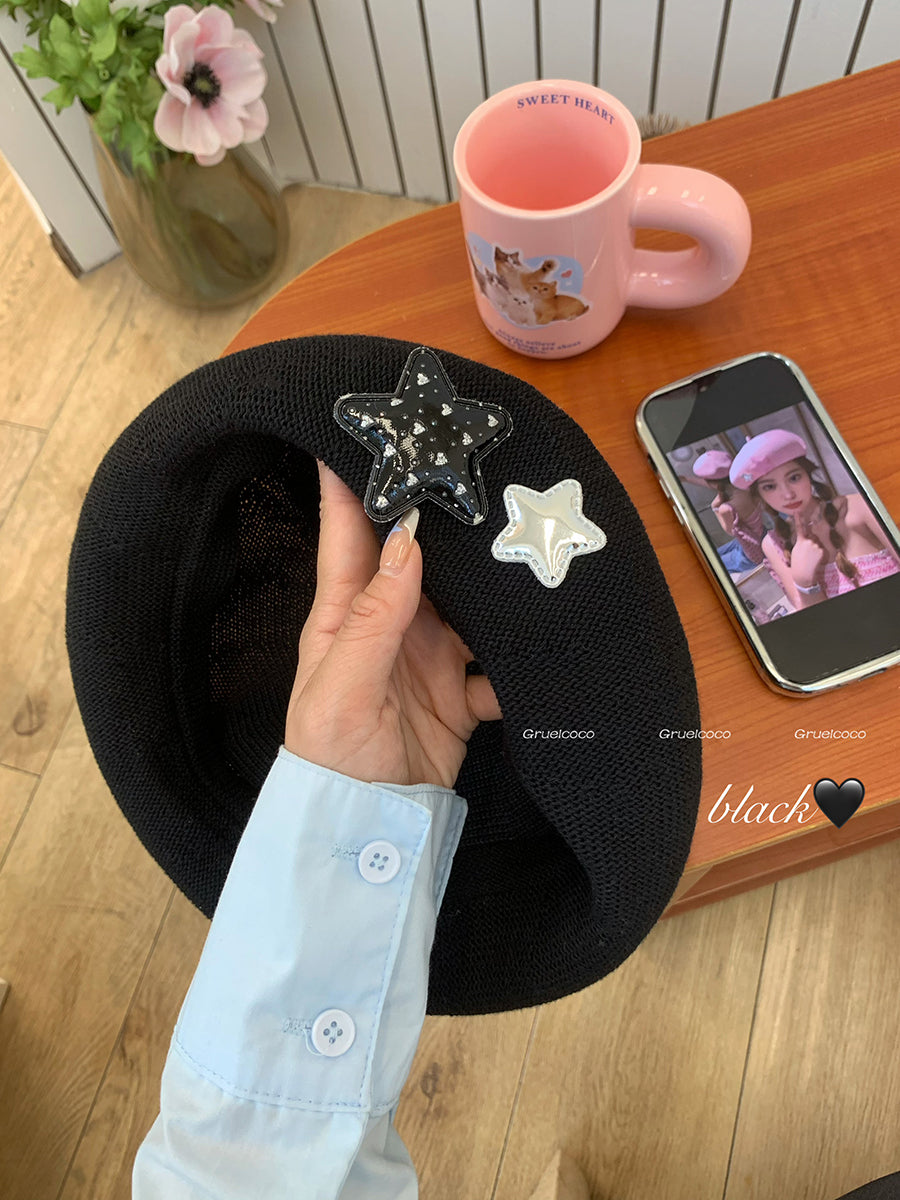 Y2k Black Pink Star Beret | Hat | Three Fleas