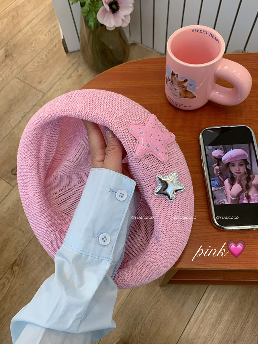 Y2k Black Pink Star Beret | Hat | Three Fleas