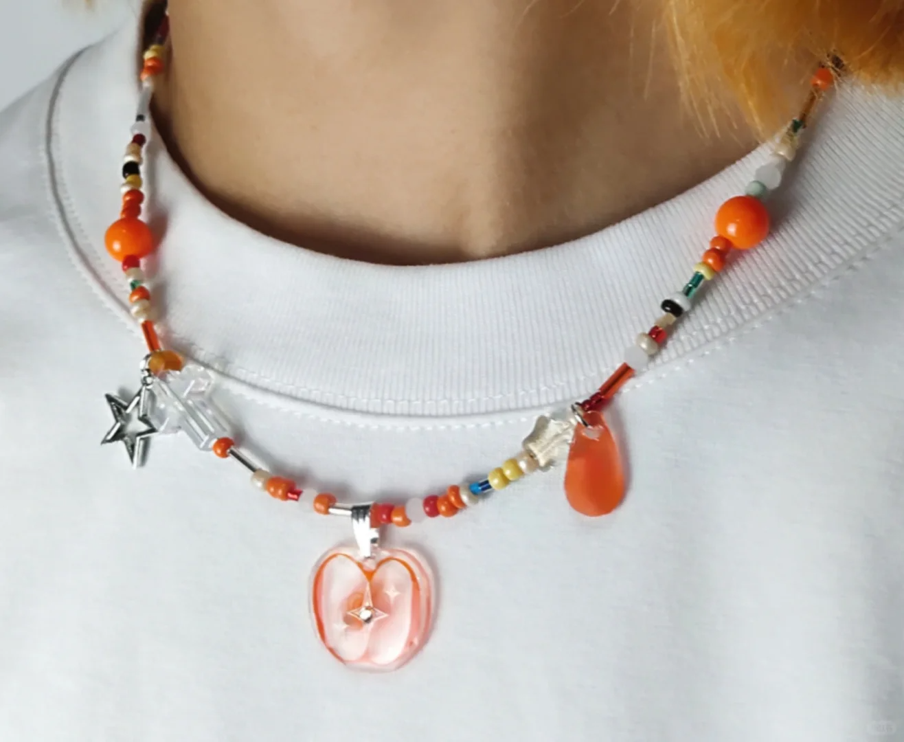 Orange Apple Shrink Plastic Charm Beaded Necklace | Jewelry | Three Fleas