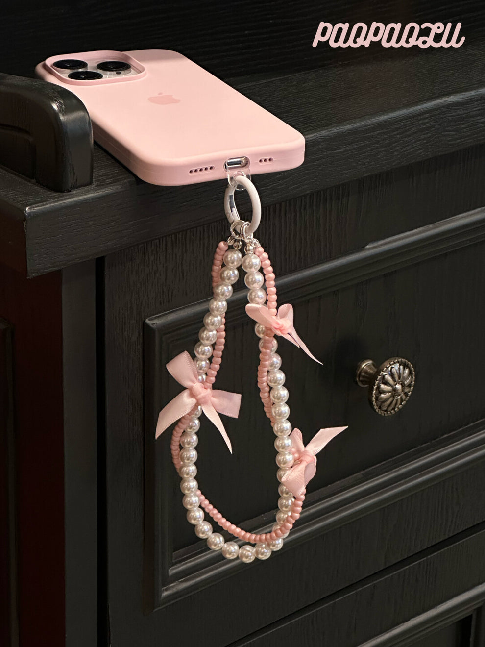 Pink Ballet Pearl Beaded Bow Phone Charm | Phone Accessories | Three Fleas