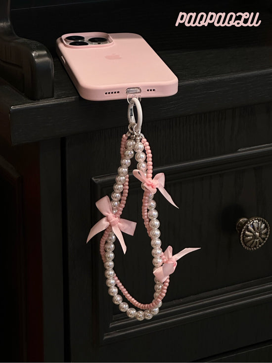 Pink Ballet Pearl Beaded Bow Phone Charm | Phone Accessories | Three Fleas