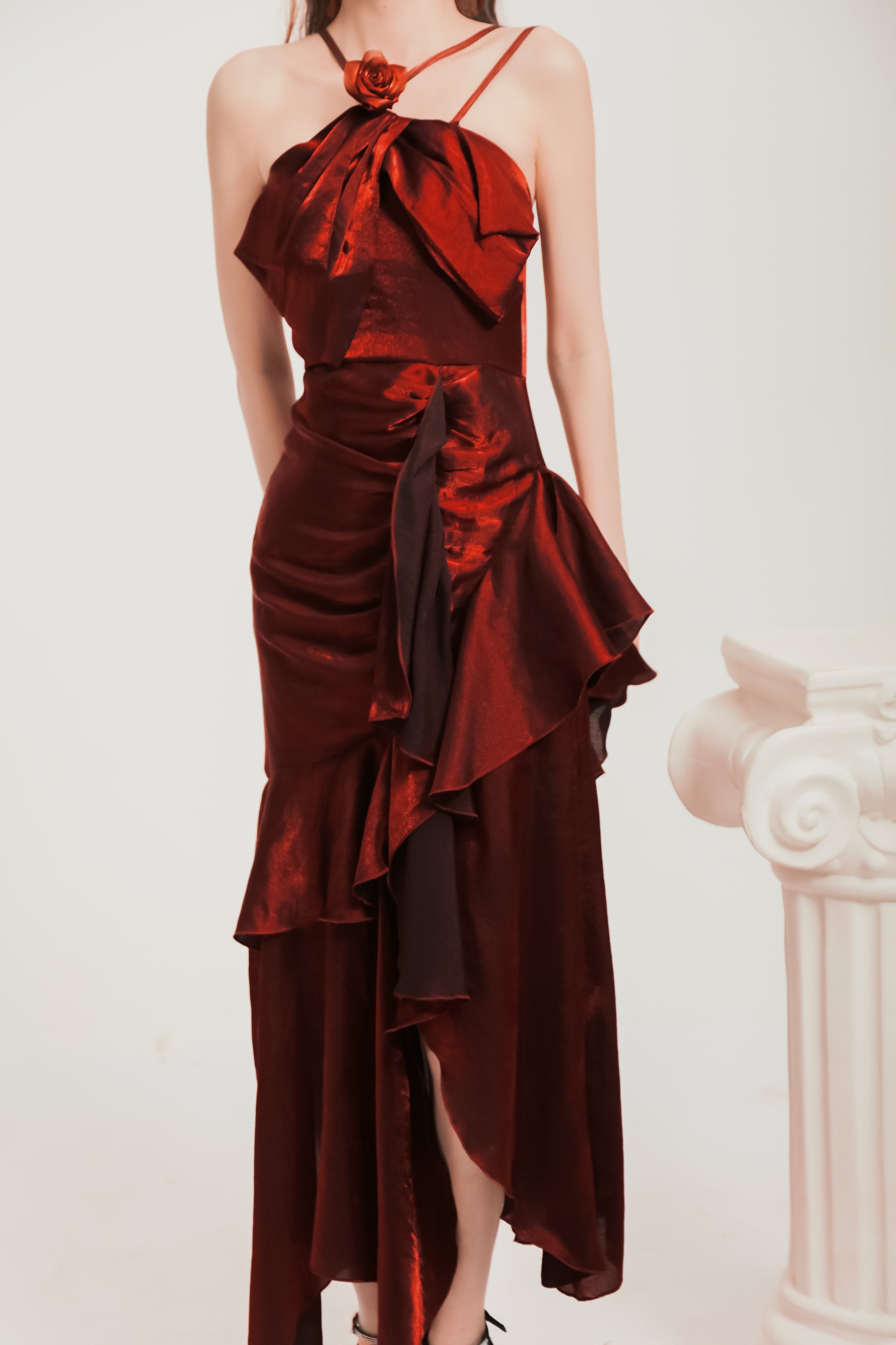 Red Rose Sleeveless Tiered Mermaid Maxi Dress | Prom Dress | Three Fleas