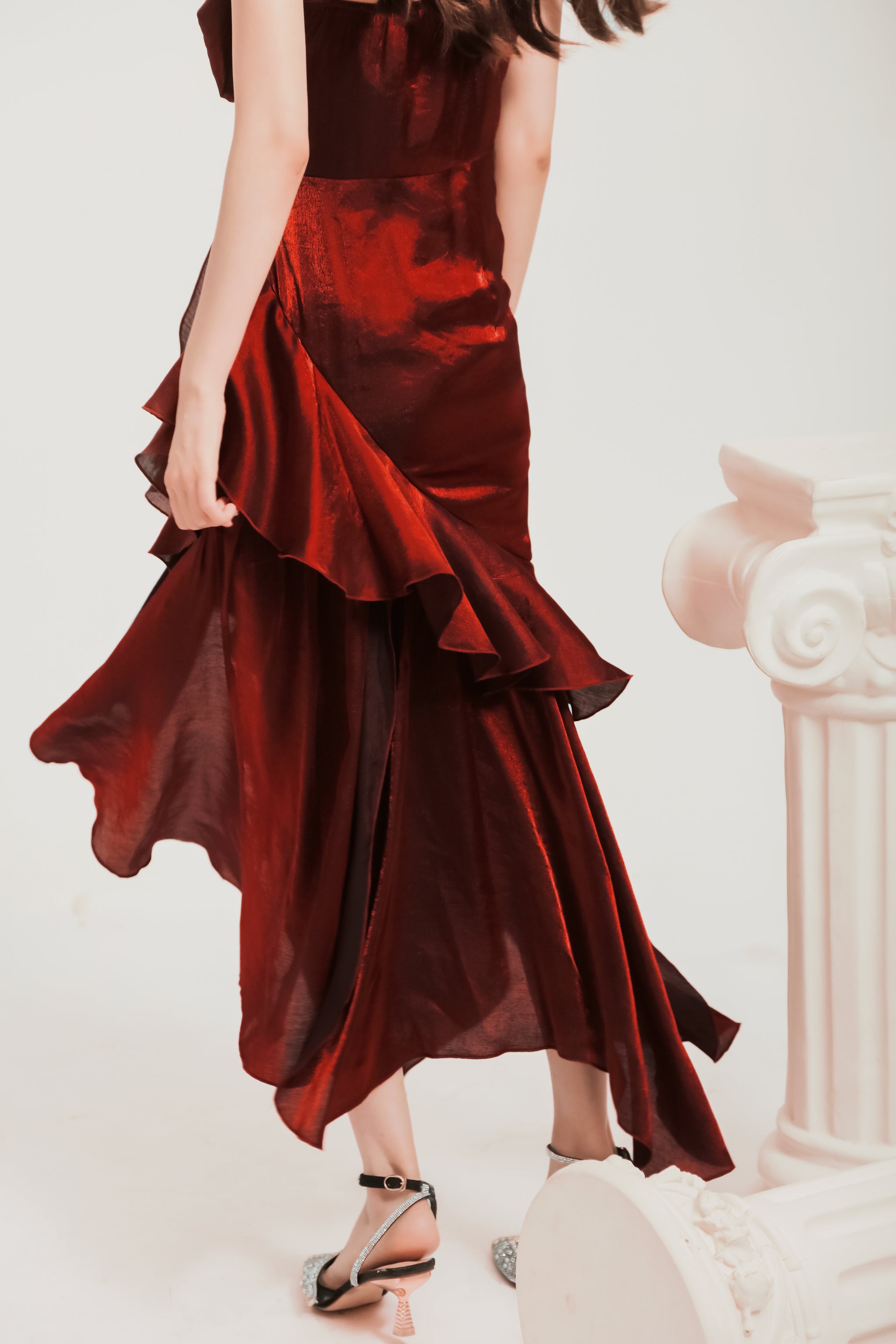 Red Rose Sleeveless Tiered Mermaid Maxi Dress | Prom Dress | Three Fleas