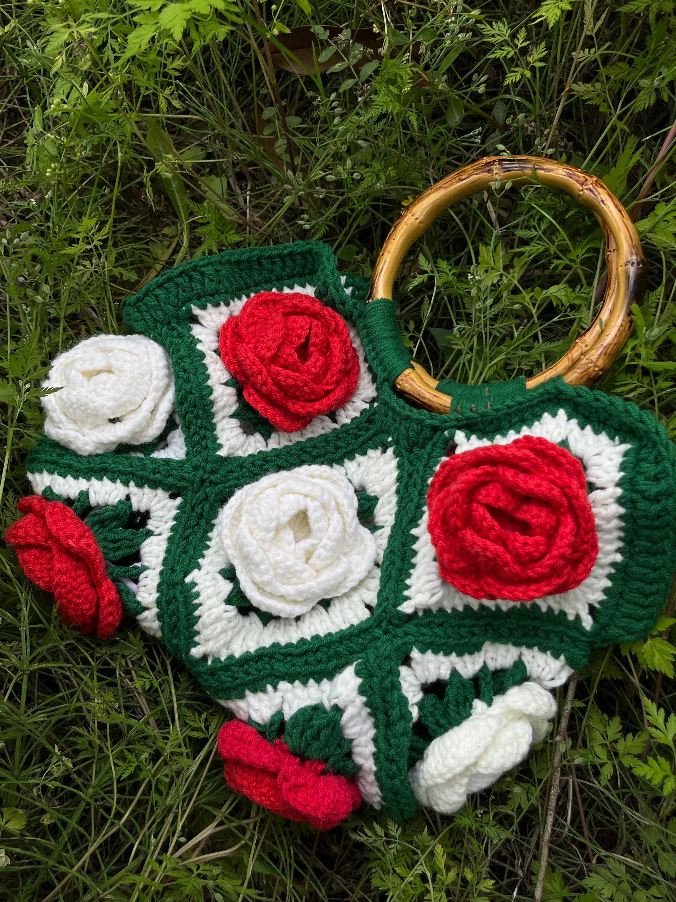Red White Rose Crochet Handbag | Bag | Three Fleas