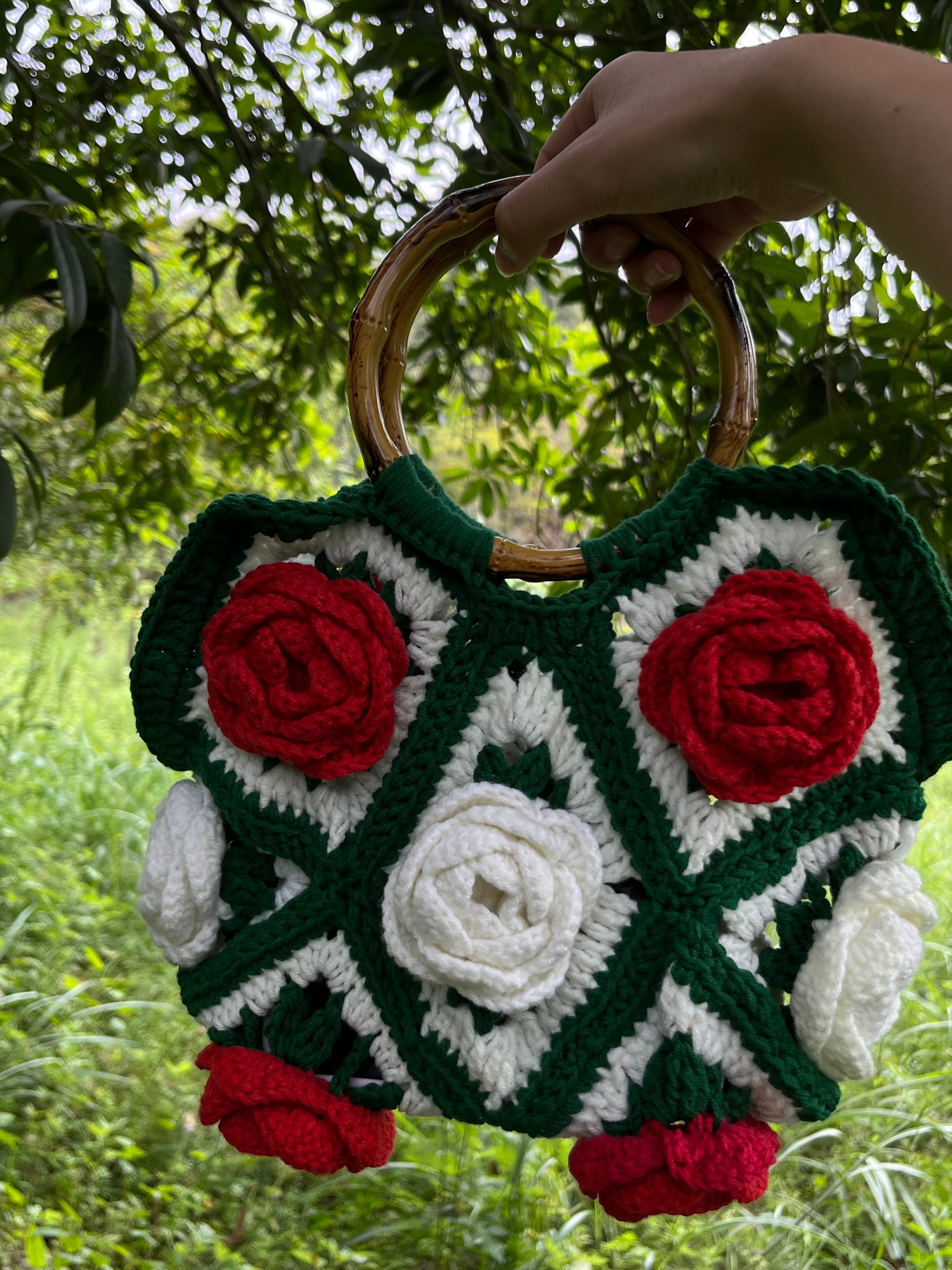 Red White Rose Crochet Handbag | Bag | Three Fleas