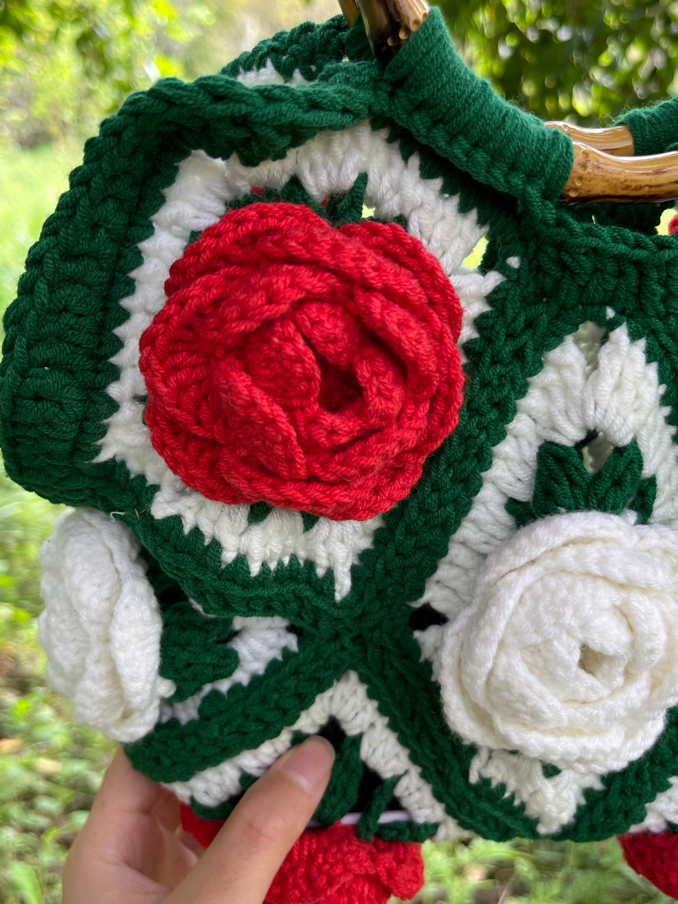 Red White Rose Crochet Handbag | Bag | Three Fleas