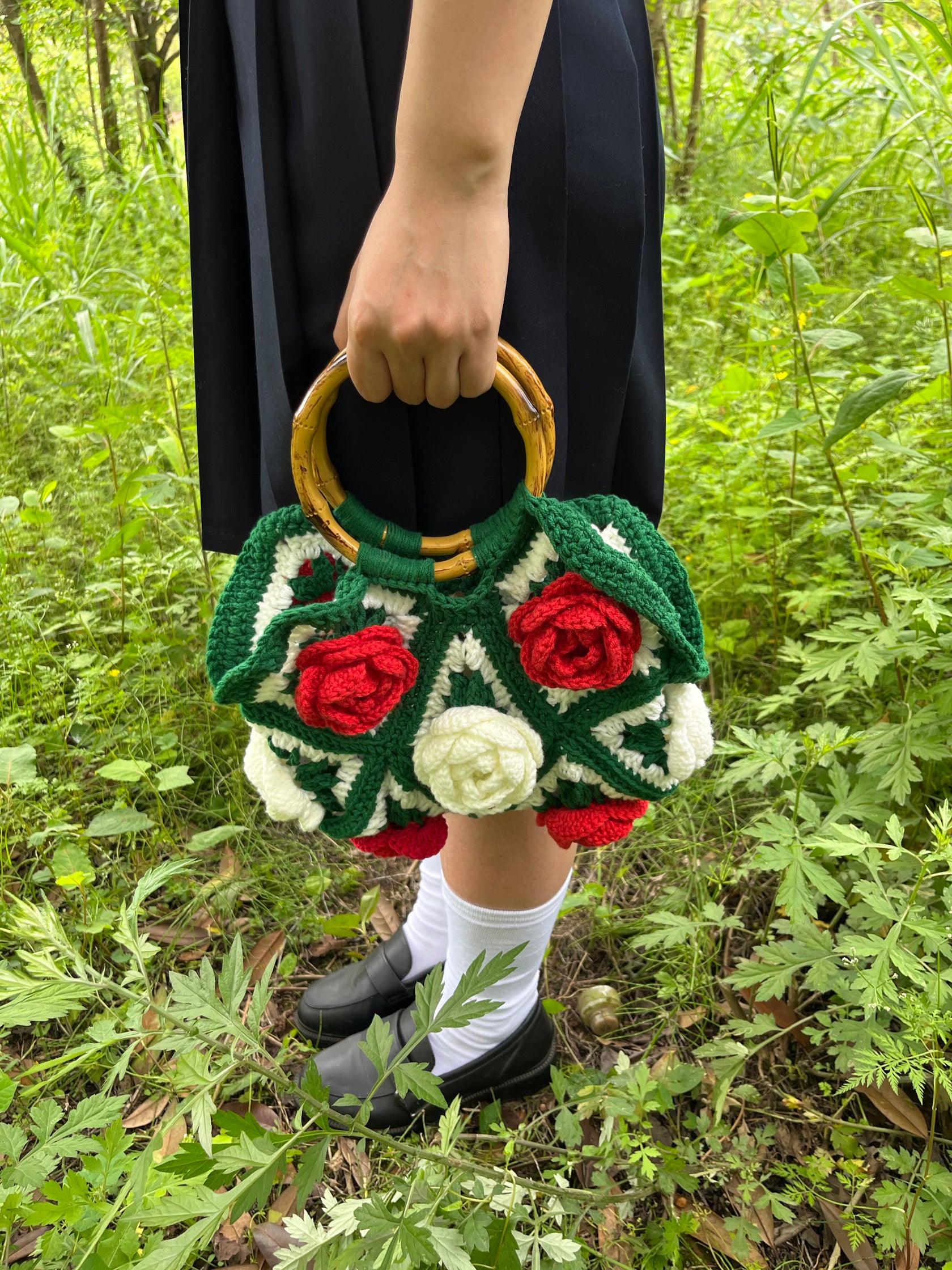 Red White Rose Crochet Handbag | Bag | Three Fleas