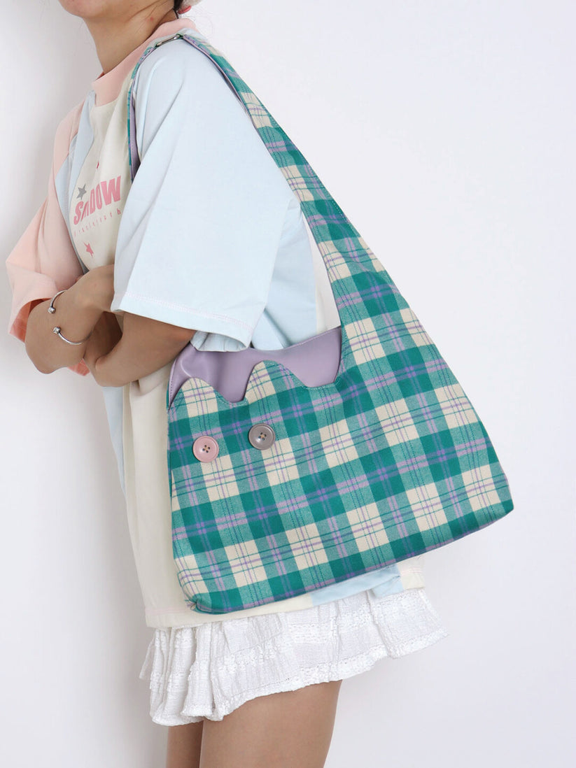 Retro Plaid Color-Block Cat Shoulder Bag | Bag | Three Fleas