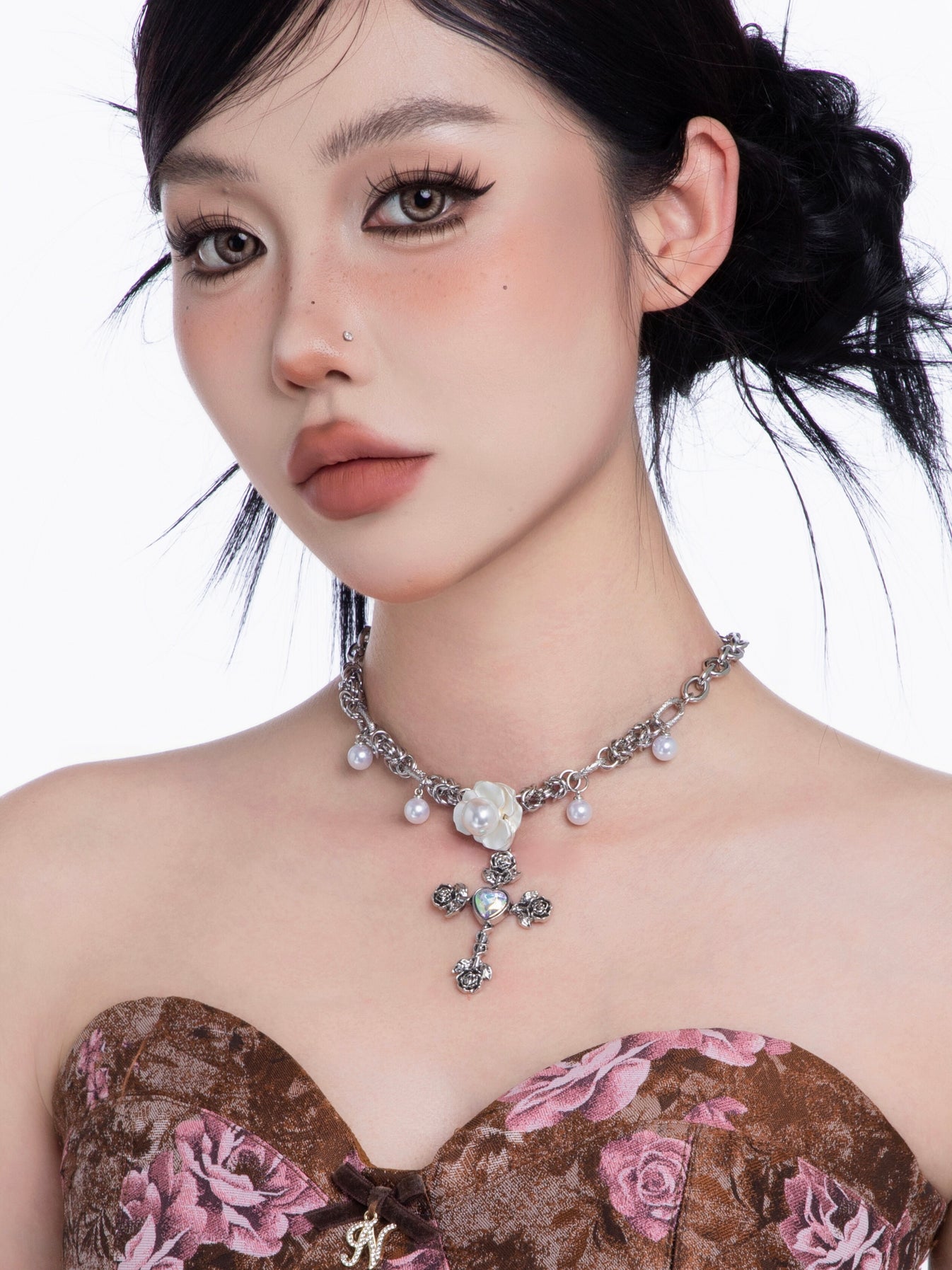 Rose Cross Charm Pearl Necklace | Jewelry | Three Fleas