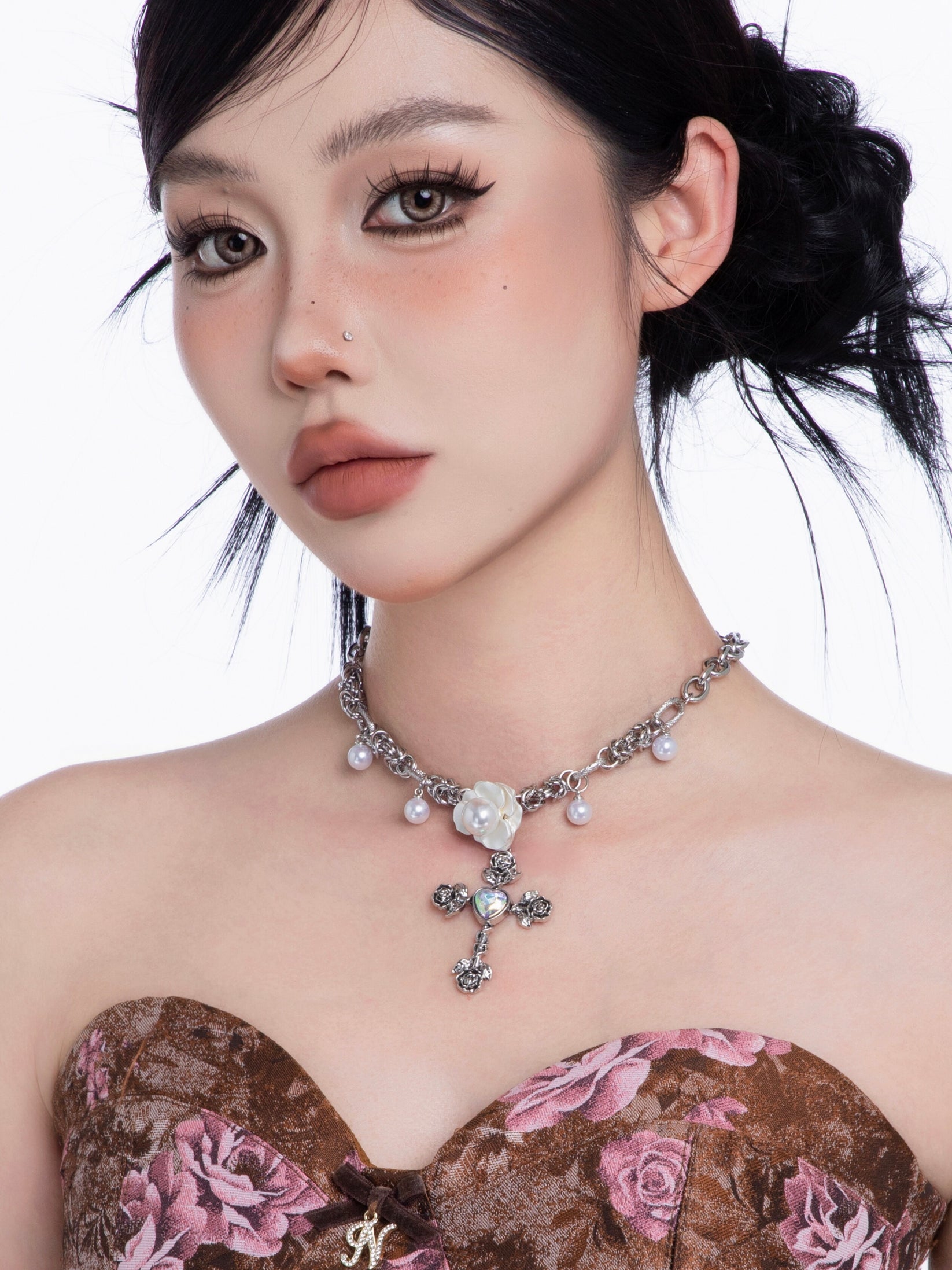 Rose Cross Charm Pearl Necklace | Jewelry | Three Fleas