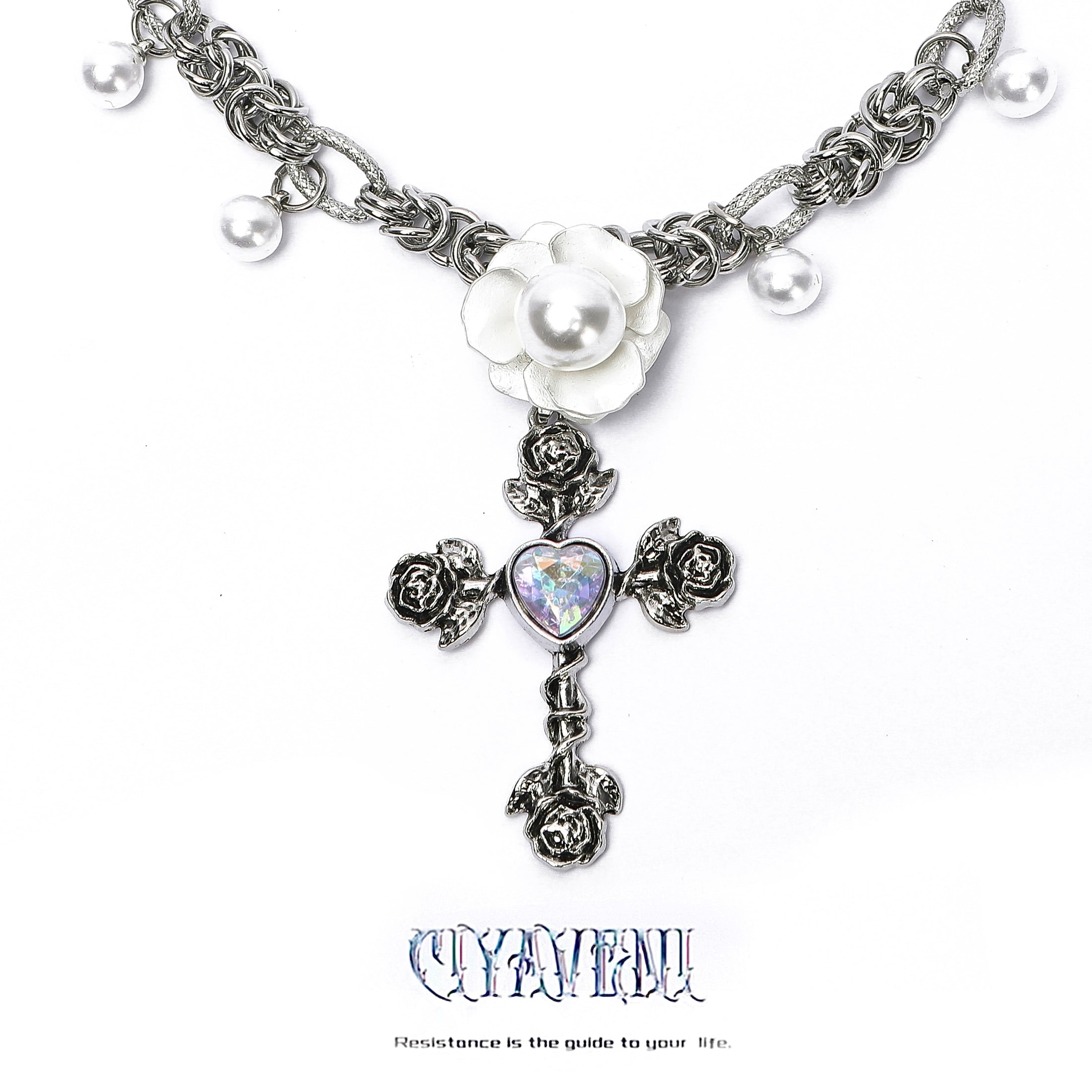 Rose Cross Charm Pearl Necklace | Jewelry | Three Fleas