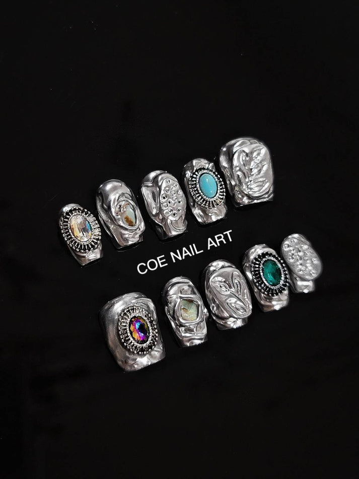 Shaped Silver Gem Press On Nails Set | Indie Nails Design | Three Fleas