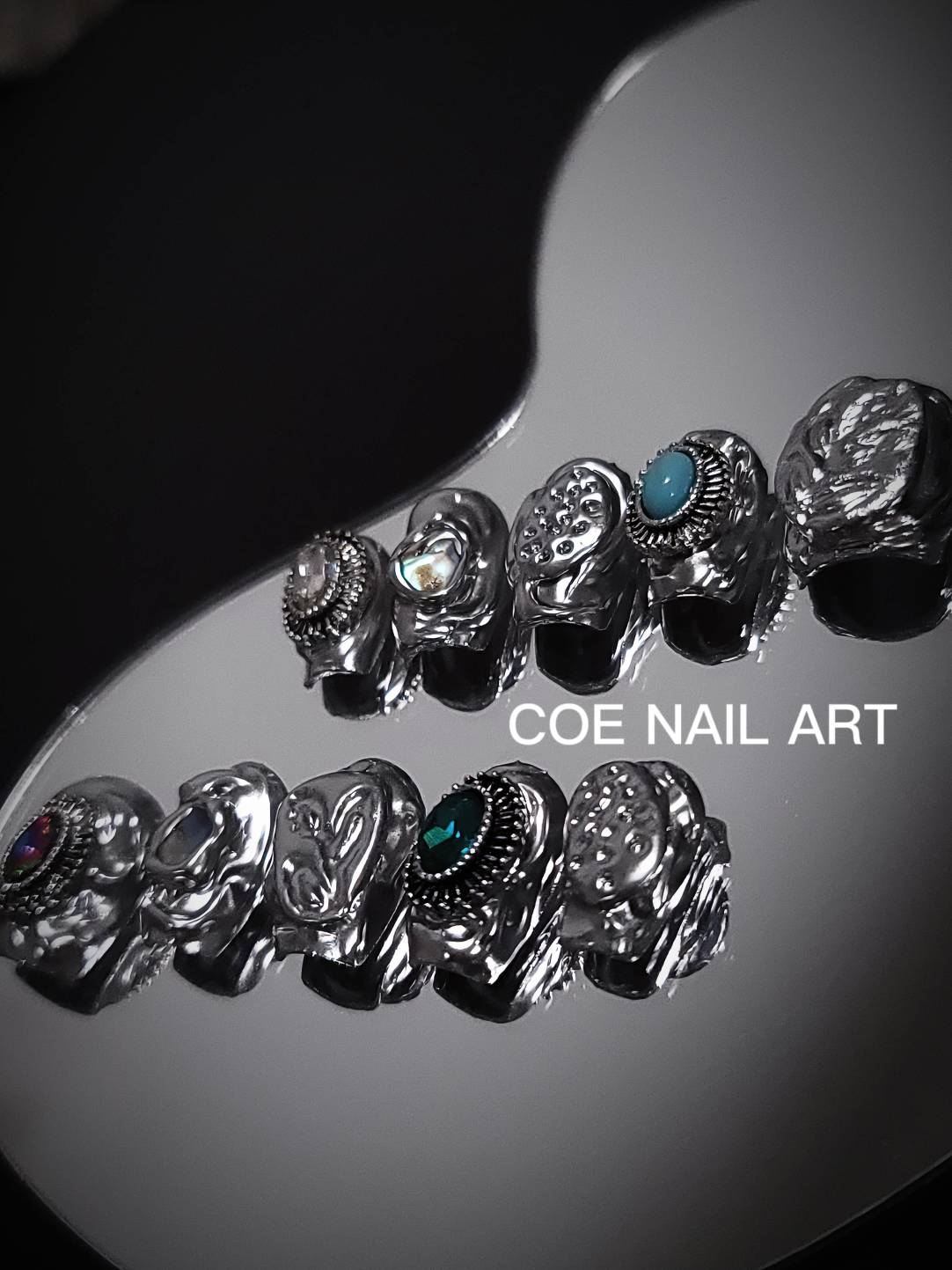 Shaped Silver Gem Press On Nails Set | Indie Nails Design | Three Fleas