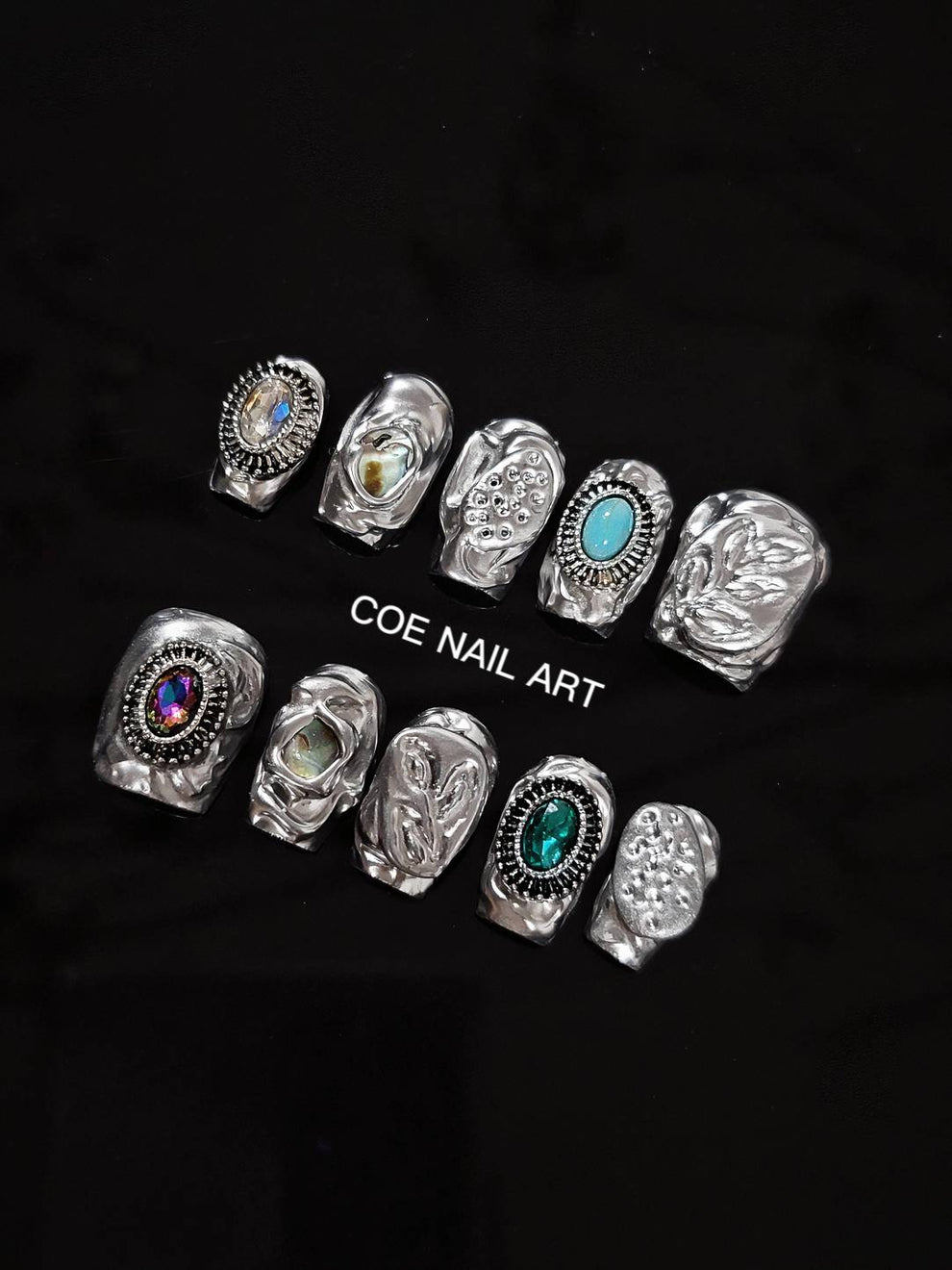 Shaped Silver Gem Press On Nails Set | Indie Nails Design | Three Fleas