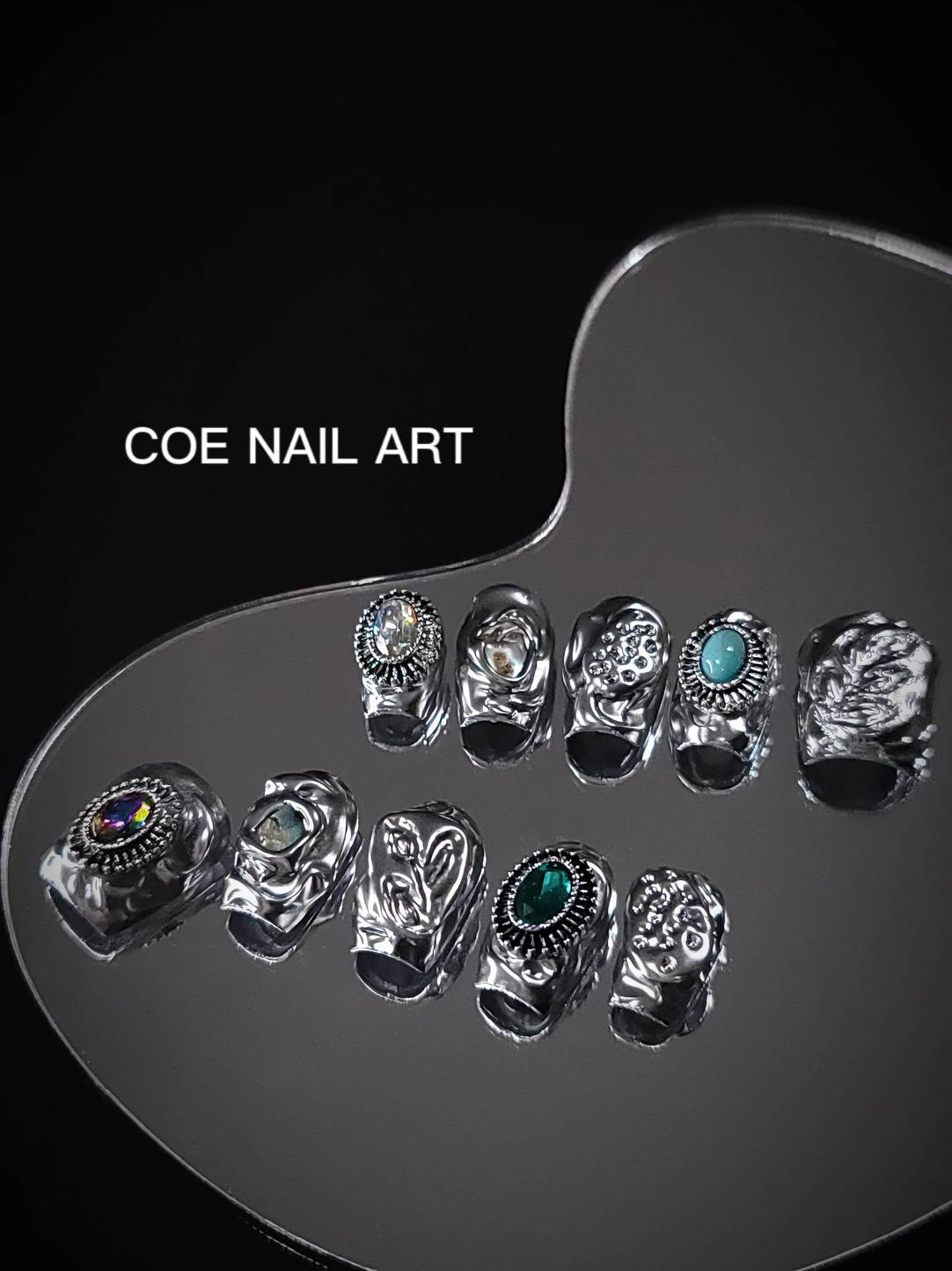 Shaped Silver Gem Press On Nails Set | Indie Nails Design | Three Fleas