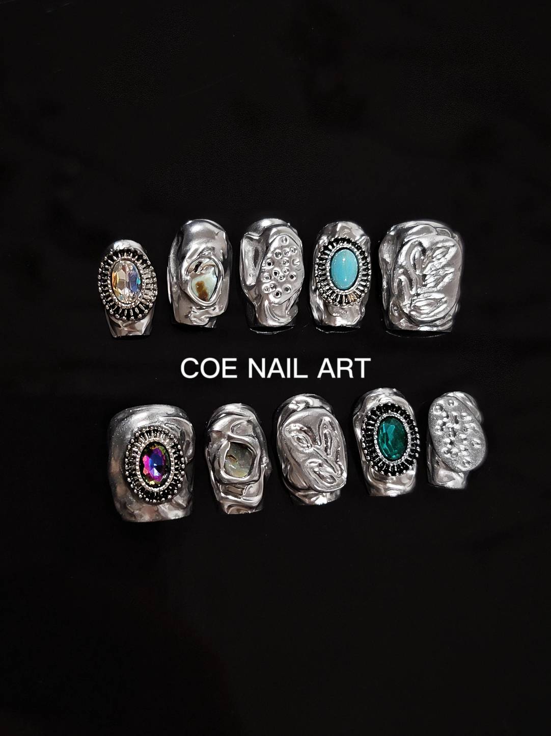 Shaped Silver Gem Press On Nails Set | Indie Nails Design | Three Fleas