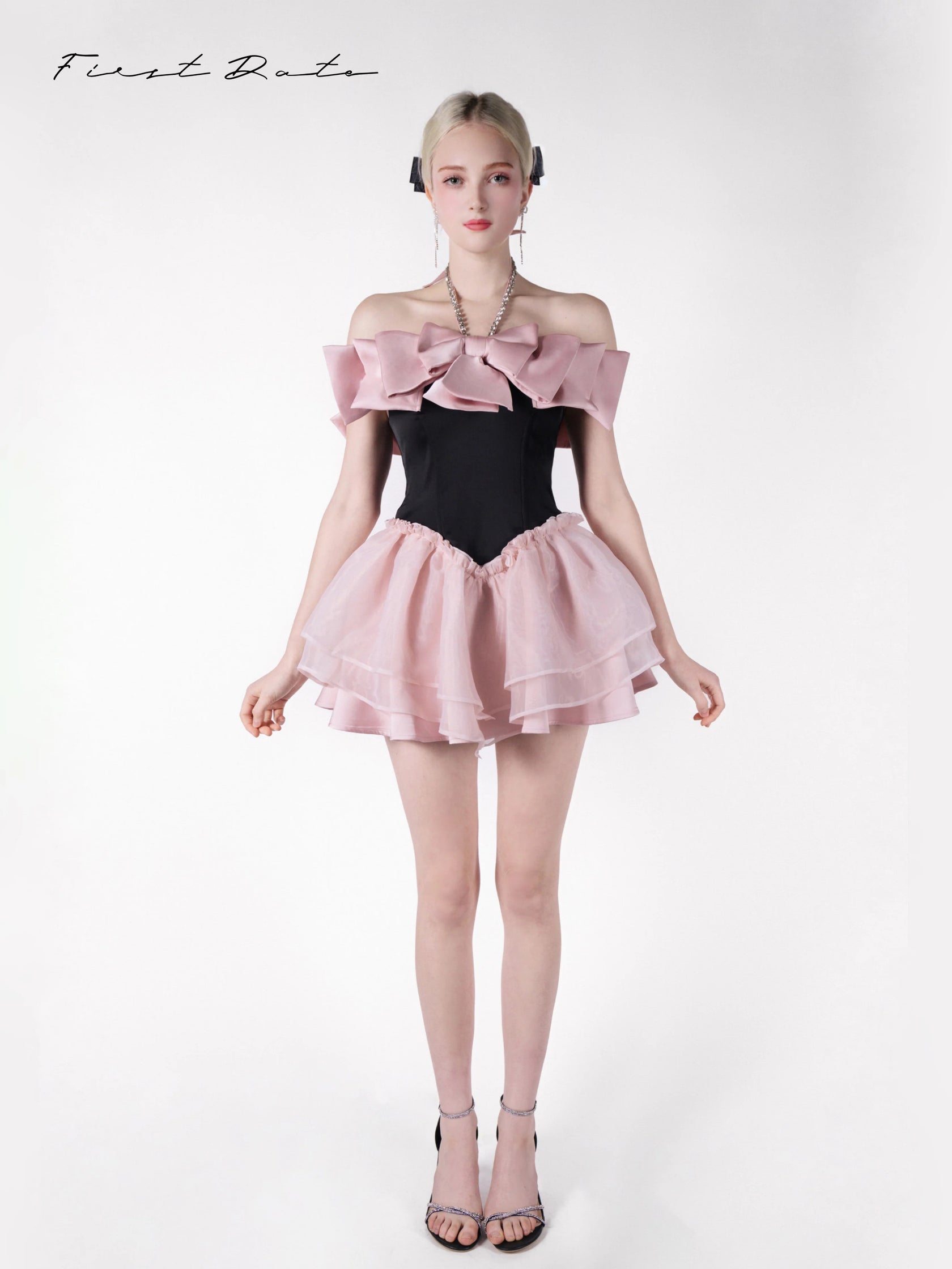 Sophia Black-Pink Bow Rhinestone Flare Dress | Dress | Three Fleas